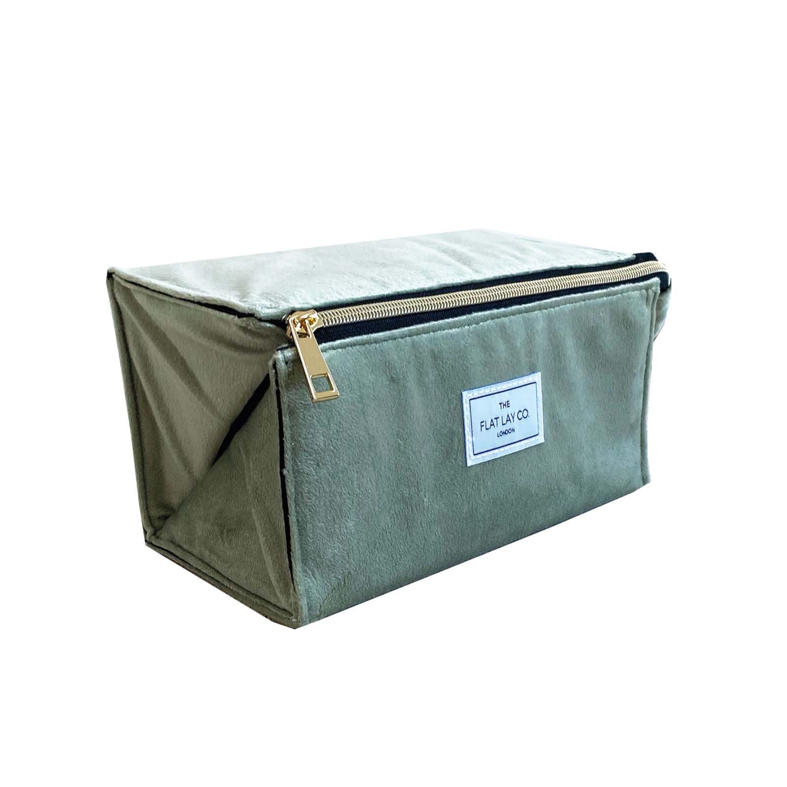 The Flat Lay Co. Open Flat Makeup Box Bag in Sage Green Velvet | SEPHORA UK